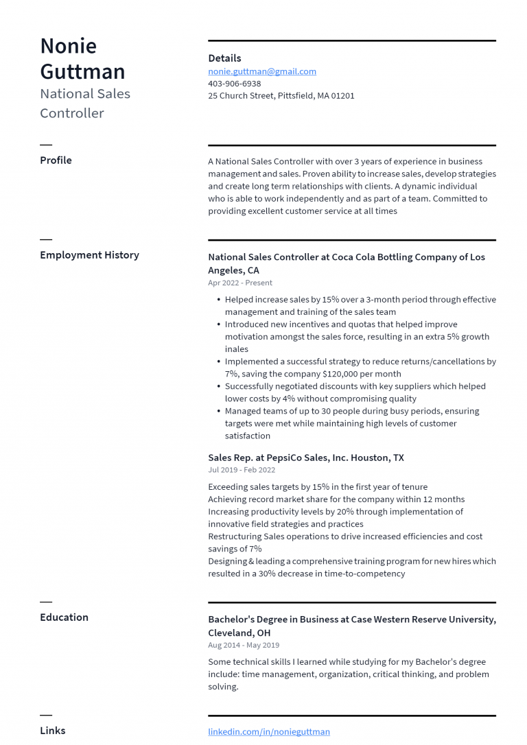 National Sales Controller Resume Example and Writing Guide
