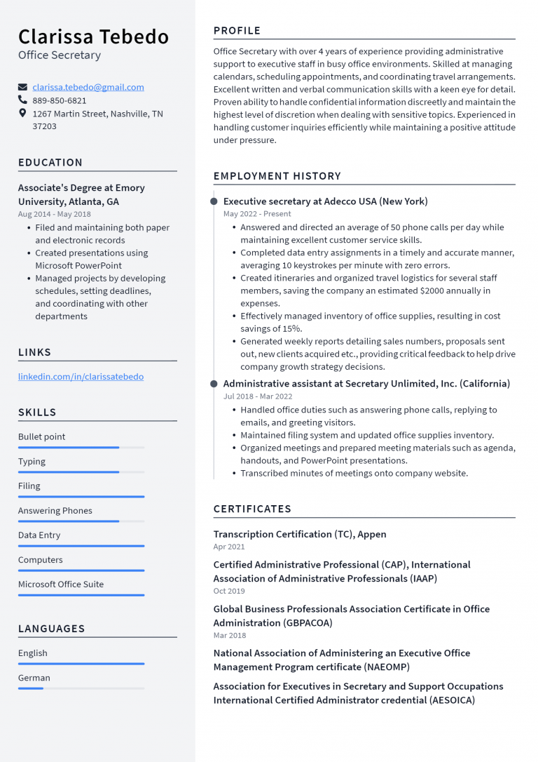 Office Secretary Resume Example and Writing Guide - ResumeLawyer