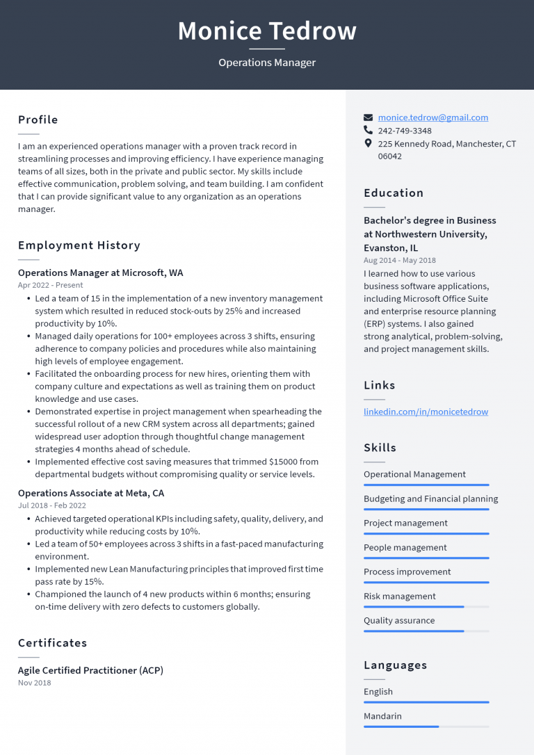 Operations Manager Resume Example and Writing Guide