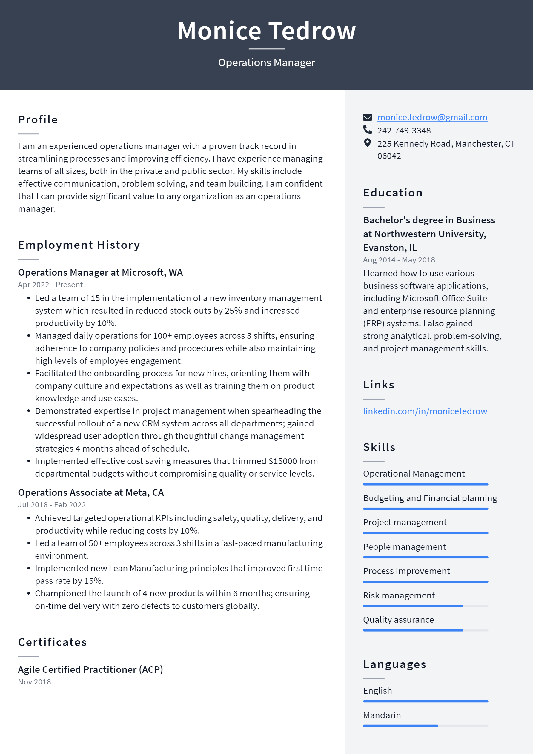 Operations Manager Resume Example and Writing Guide