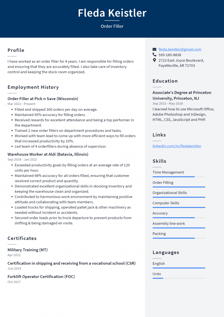 Order Filler Resume Example and Writing Guide - ResumeLawyer