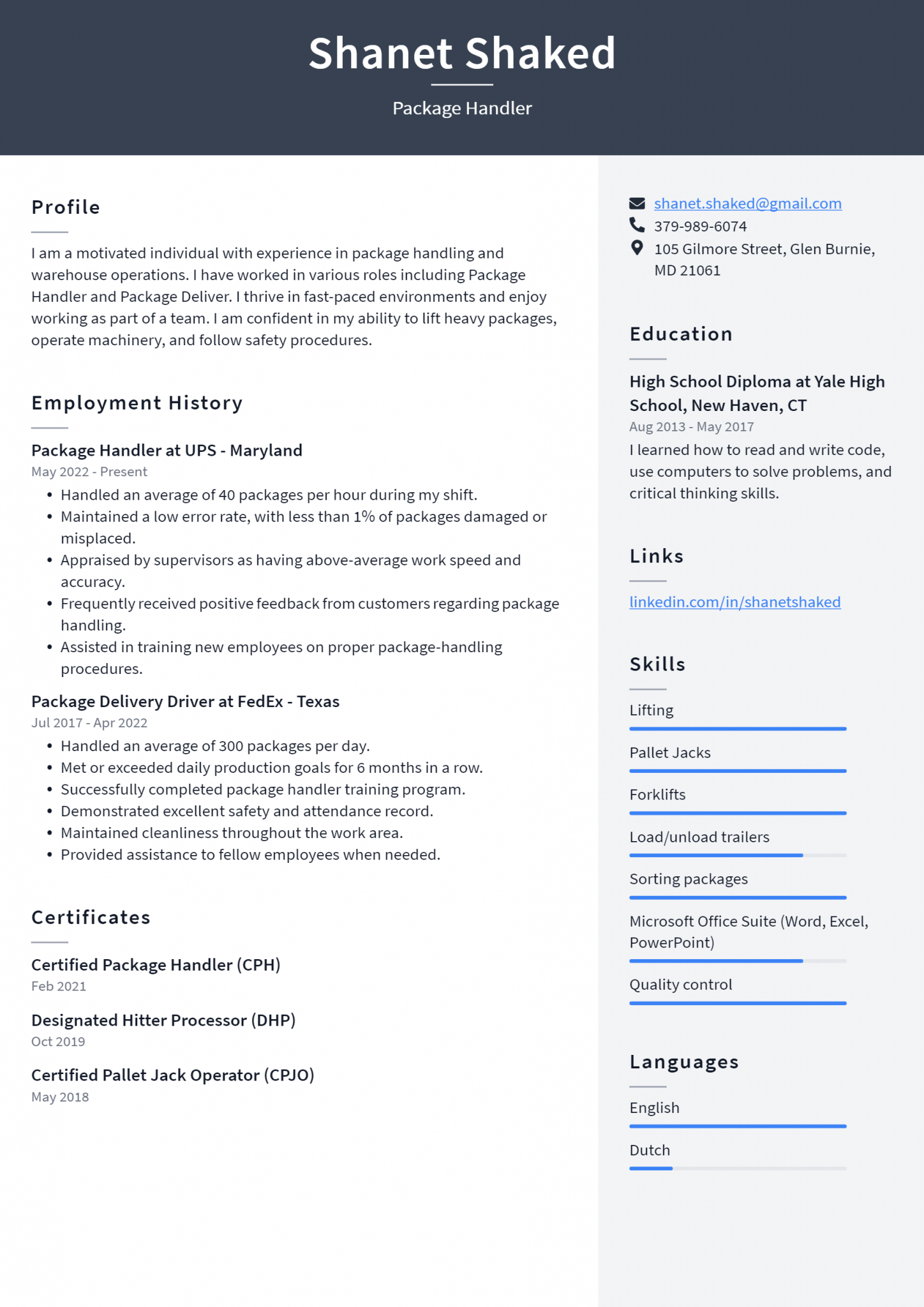 Package Handler Resume Example and Writing Guide - ResumeLawyer