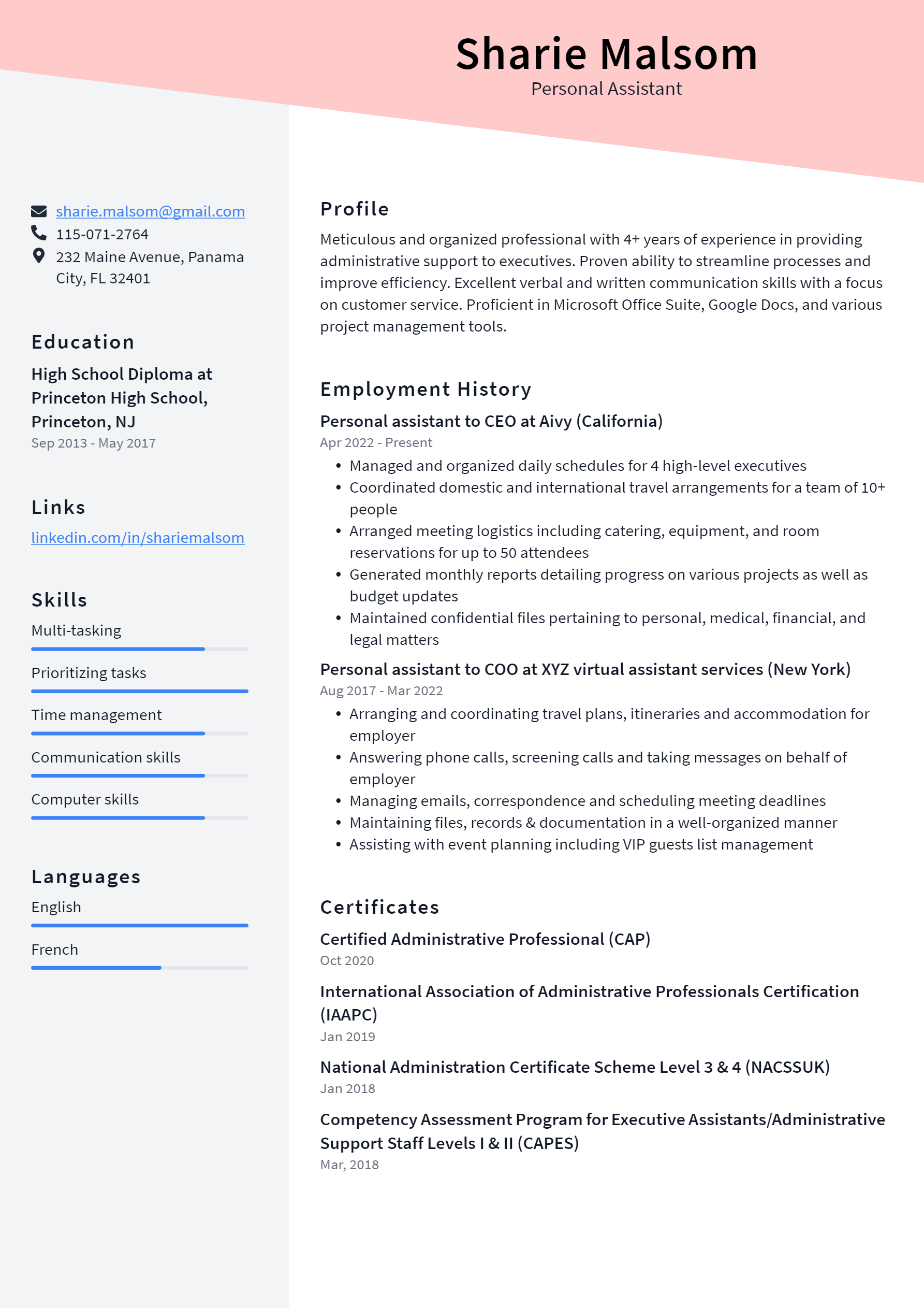 Personal Assistant Resume Example and Writing Guide - ResumeLawyer