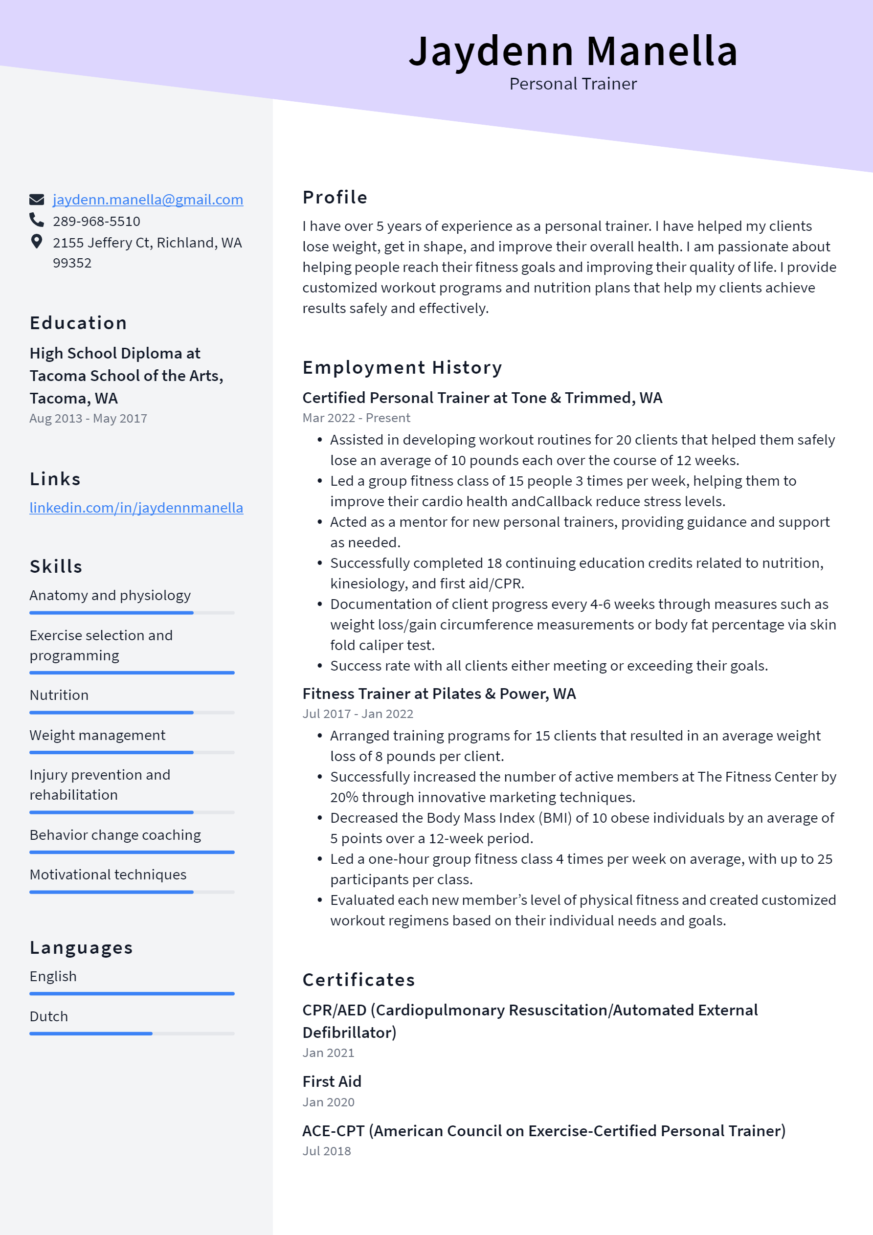 Personal Trainer Resume Example and Writing Guide - ResumeLawyer