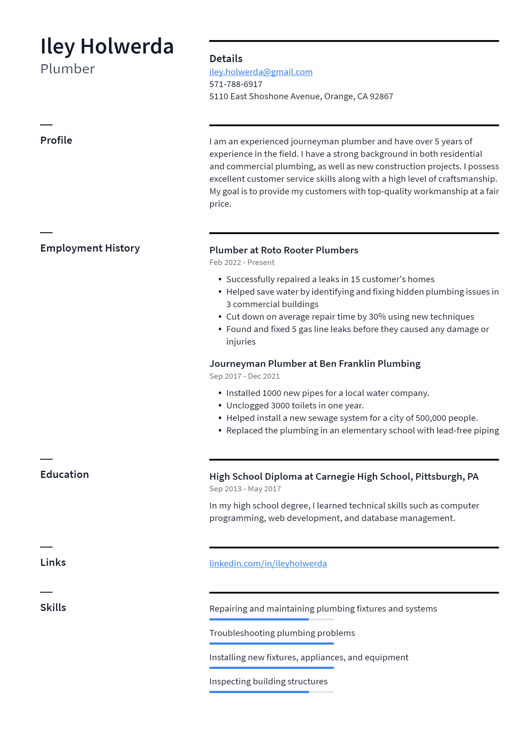 Plumber Resume Example and Writing Guide - ResumeLawyer
