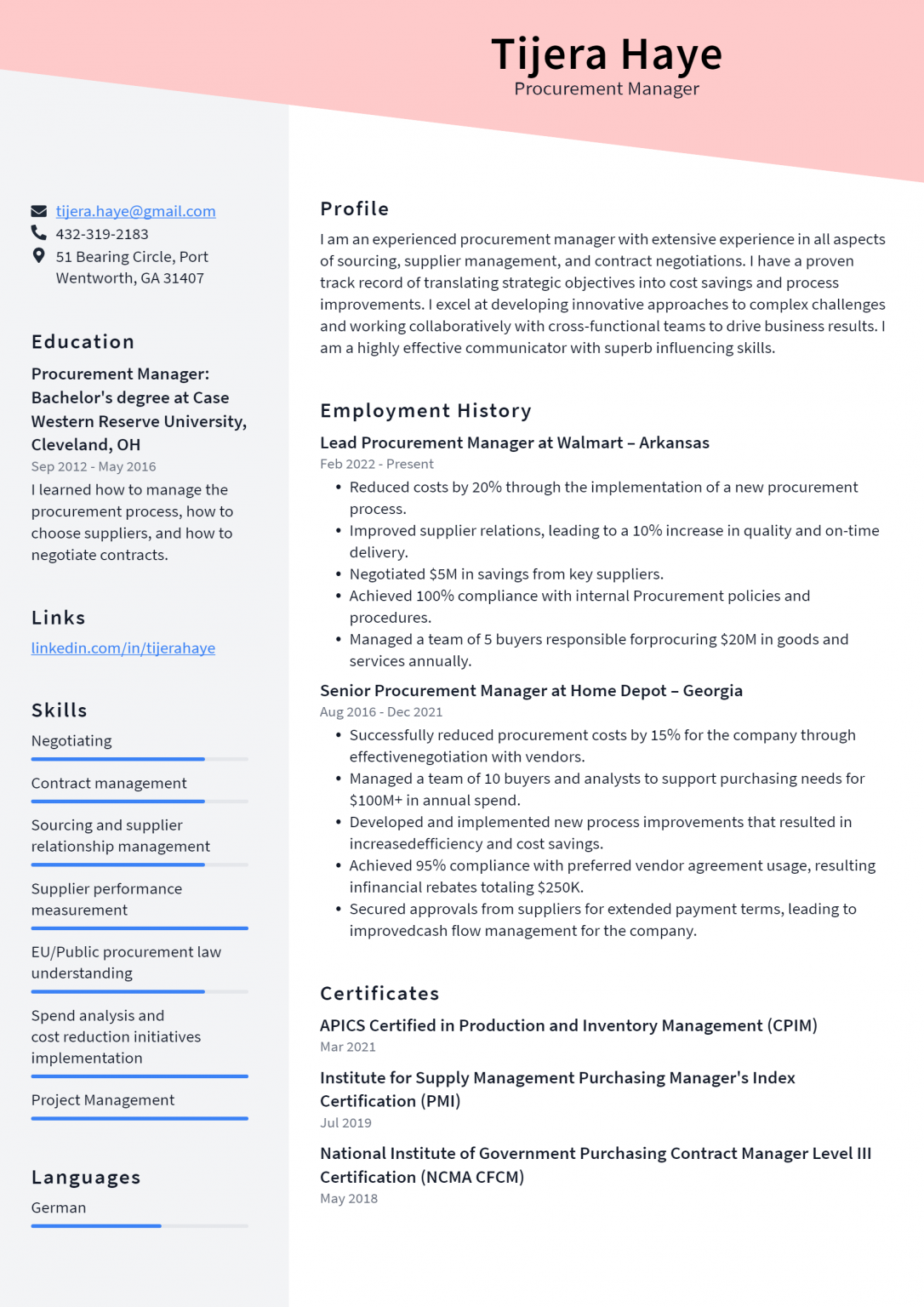 Procurement Manager Resume Example and Writing Guide