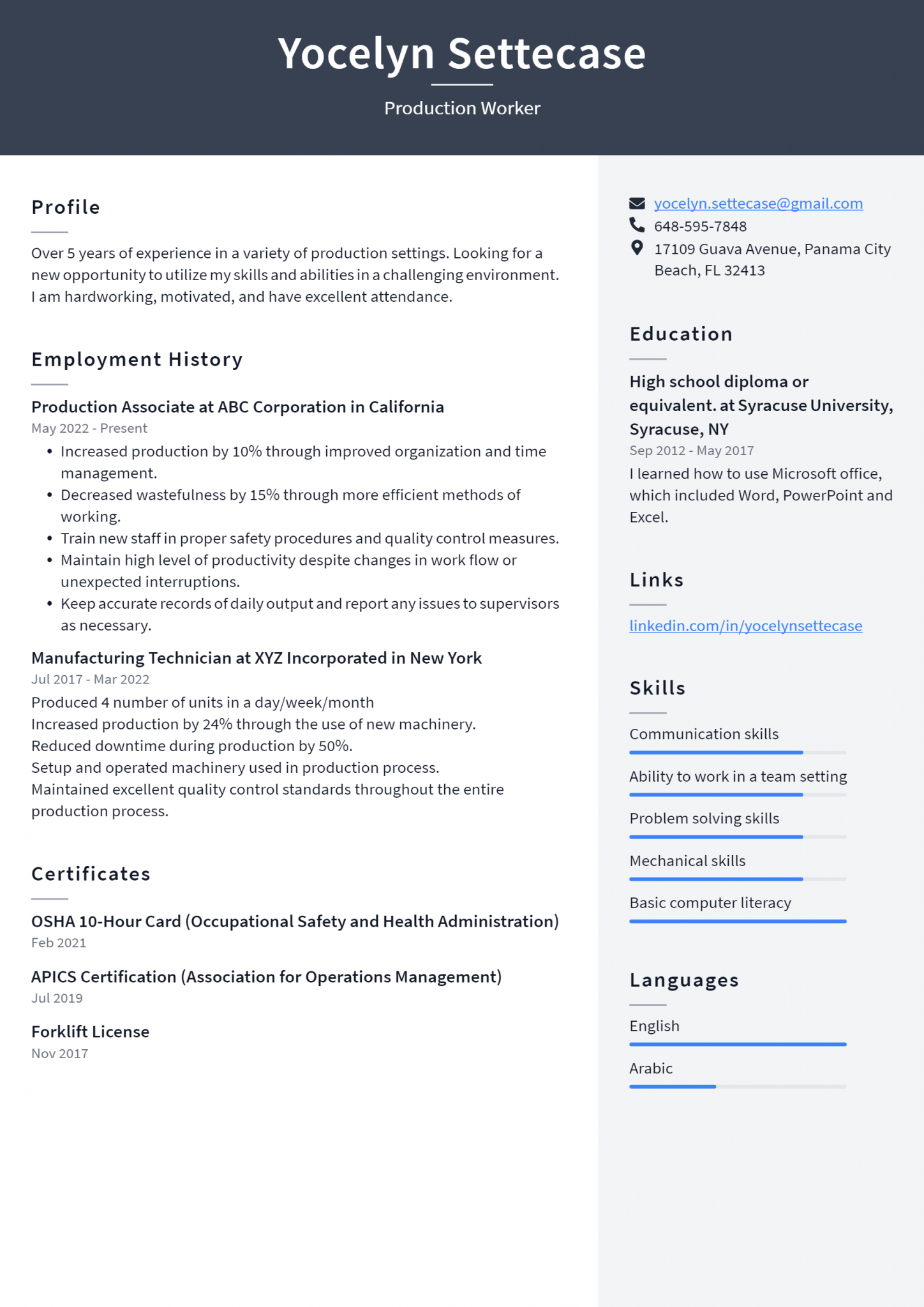 Production Worker Resume Example and Writing Guide - ResumeLawyer