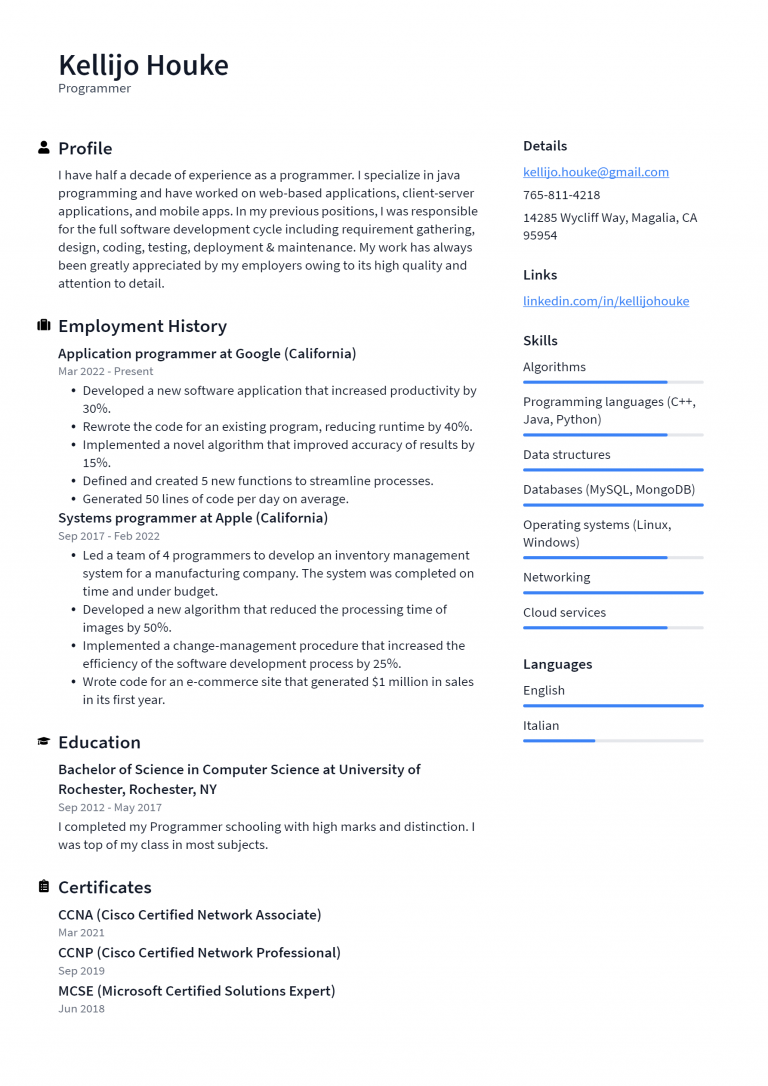 Programmer Resume Example and Writing Guide - ResumeLawyer