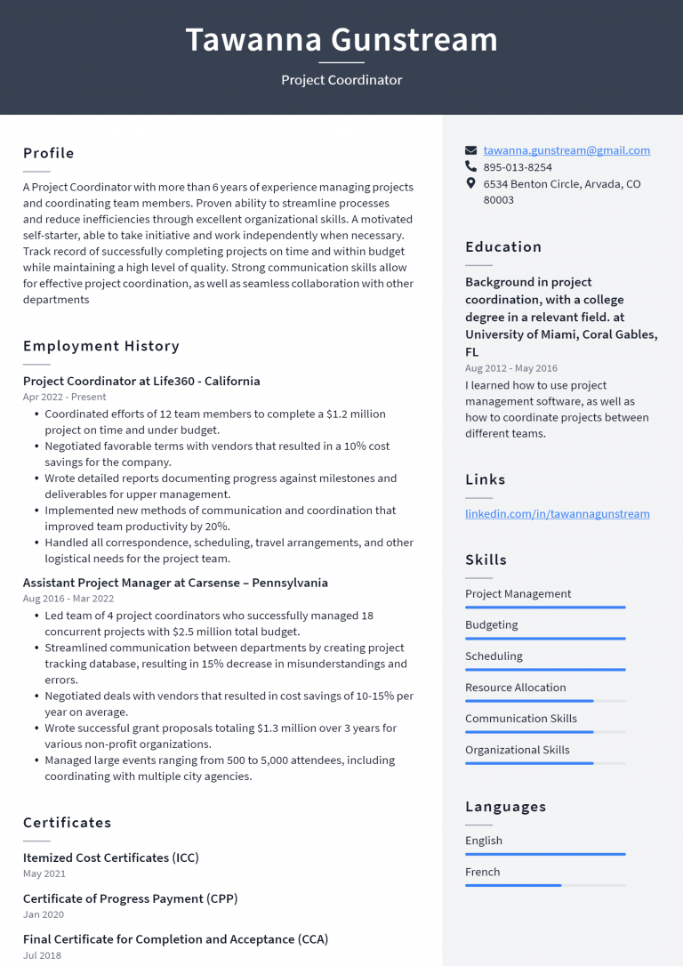 Project Coordinator Resume Example and Writing Guide - ResumeLawyer