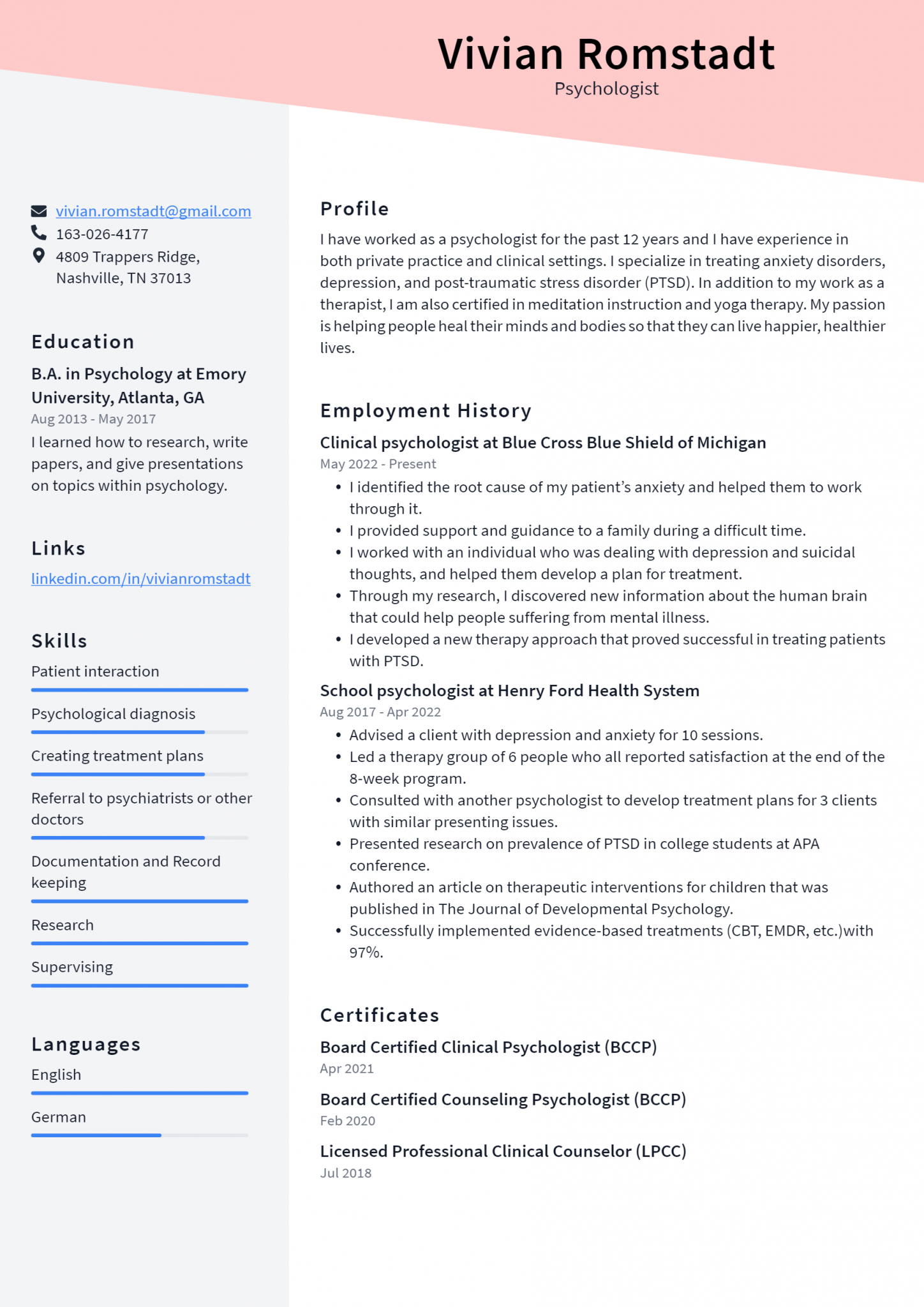 Psychologist Resume Example and Writing Guide - ResumeLawyer