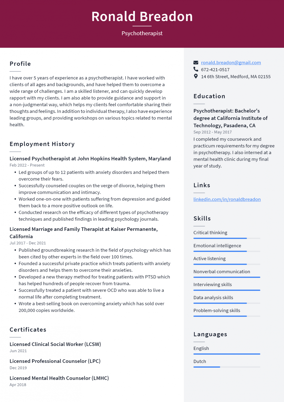 Psychotherapist Resume Example and Writing Guide - ResumeLawyer
