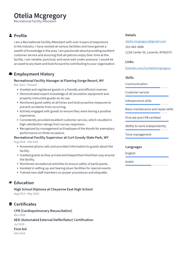 Recreational Facility Attendant Resume Example and Writing Guide