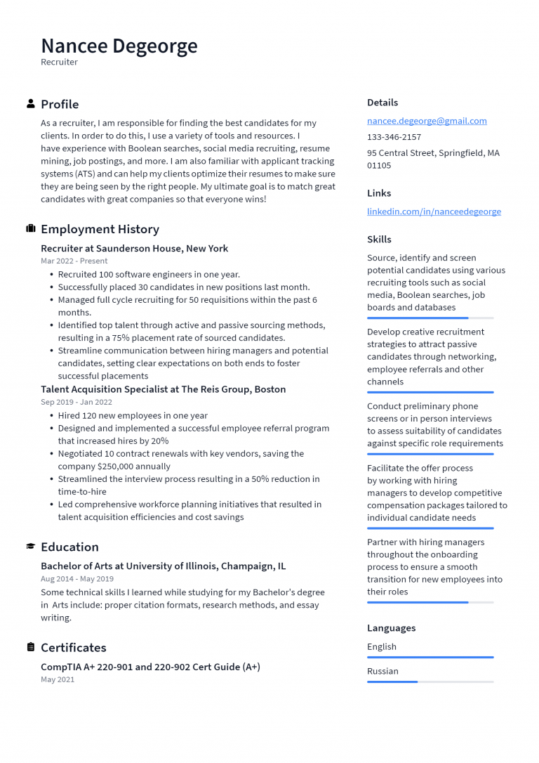 Recruiter Resume Example and Writing Guide - ResumeLawyer