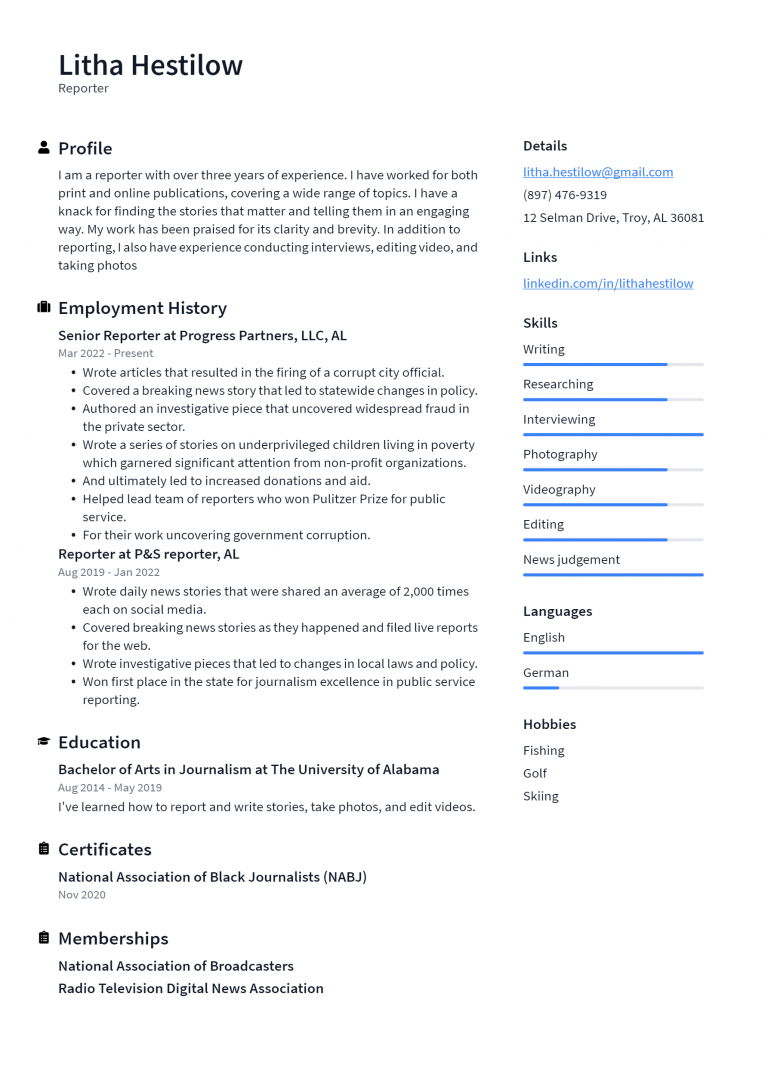 Journalist Resume Example and Writing Guide - ResumeLawyer