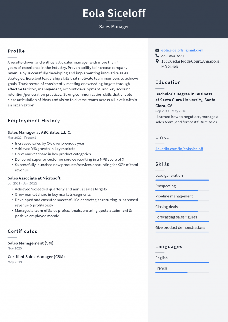 Sales Manager Resume Example and Writing Guide - ResumeLawyer