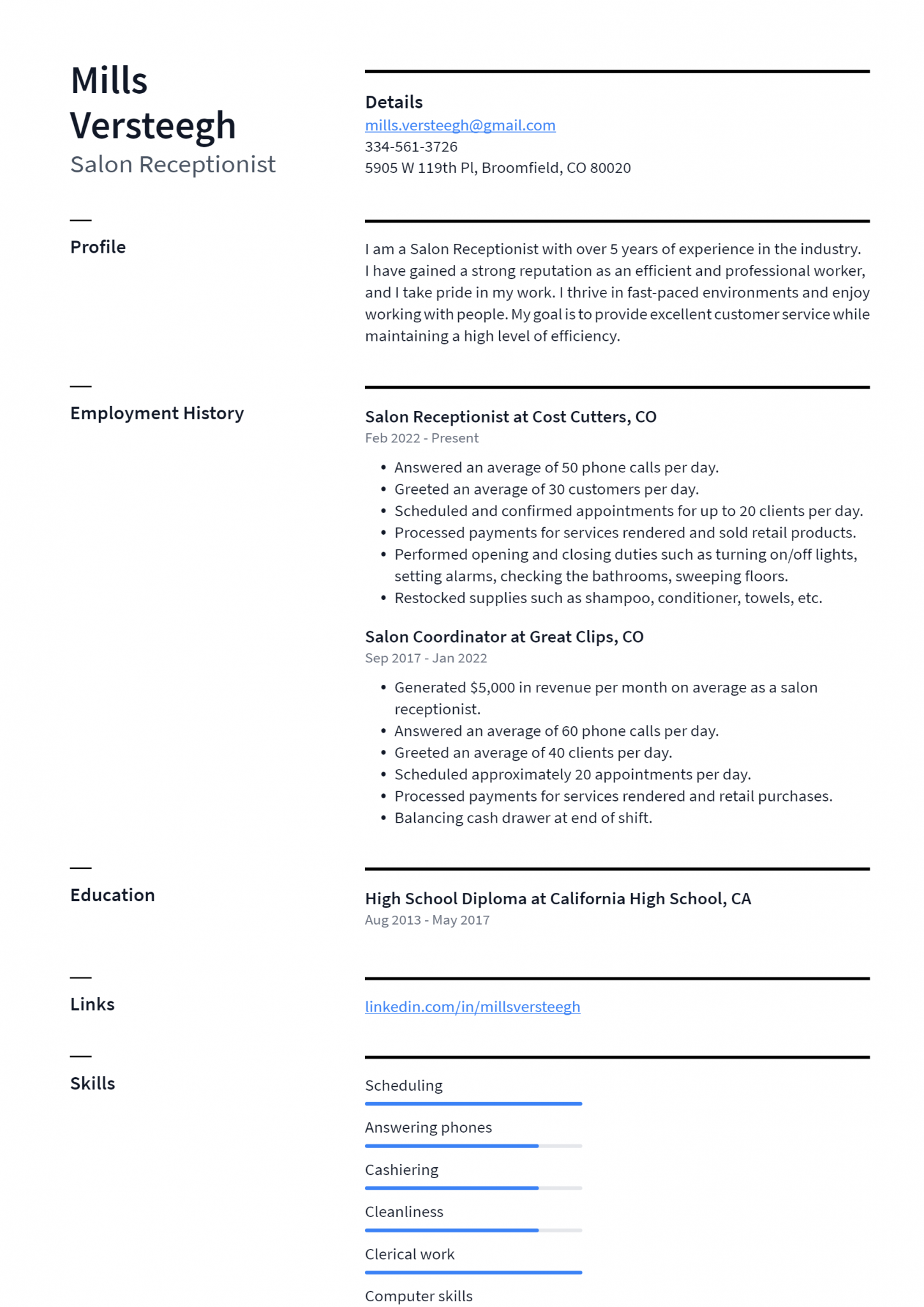 Salon Receptionist Resume Example and Writing Guide - ResumeLawyer