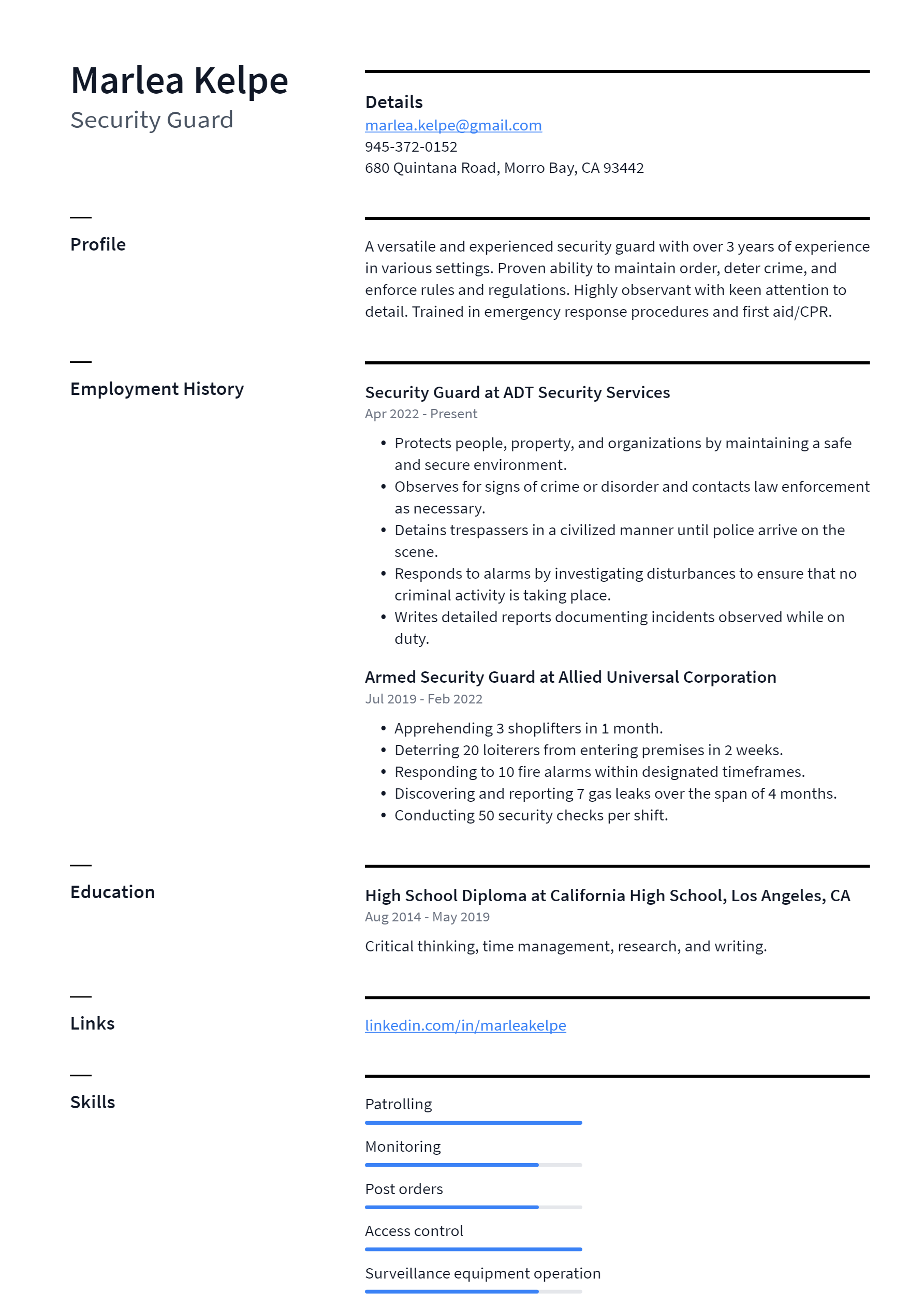Security Guard Resume Example and Writing Guide - ResumeLawyer