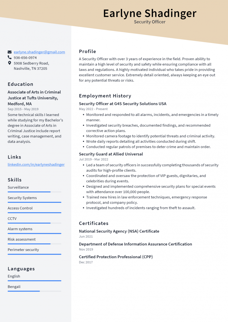 Security Officer Resume Example and Writing Guide - ResumeLawyer