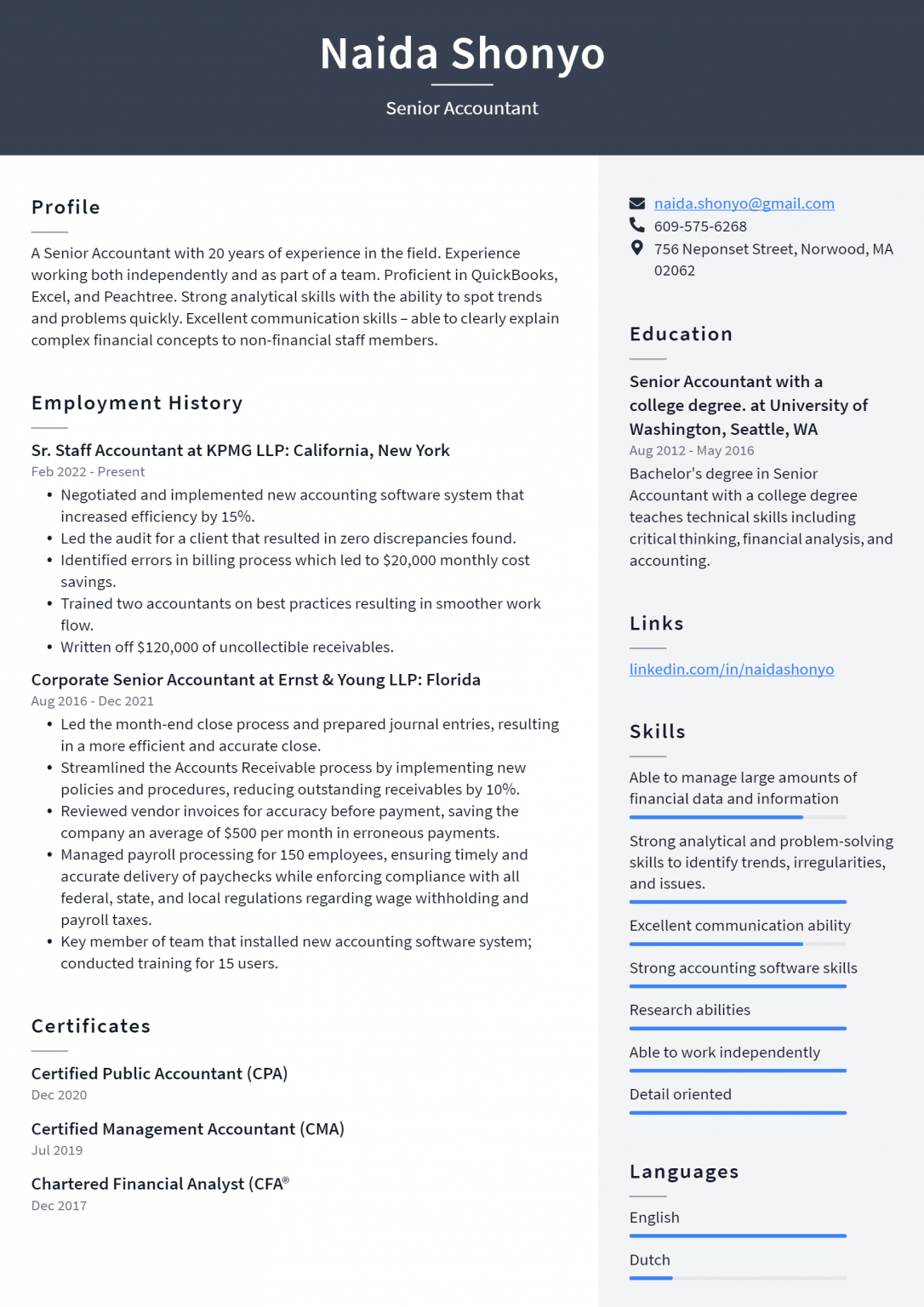 Senior Accountant Resume Example and Writing Guide - ResumeLawyer