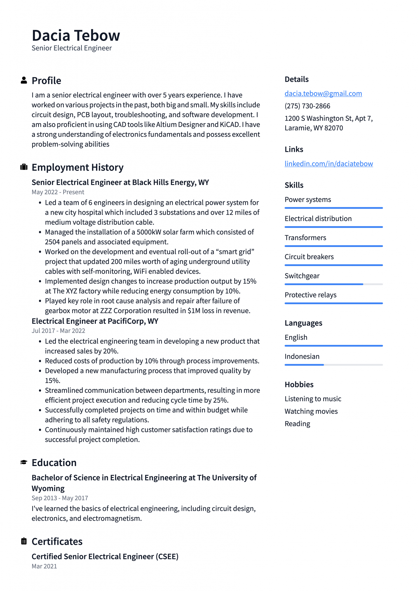Electrical Engineer Resume Example and Writing Guide - ResumeLawyer