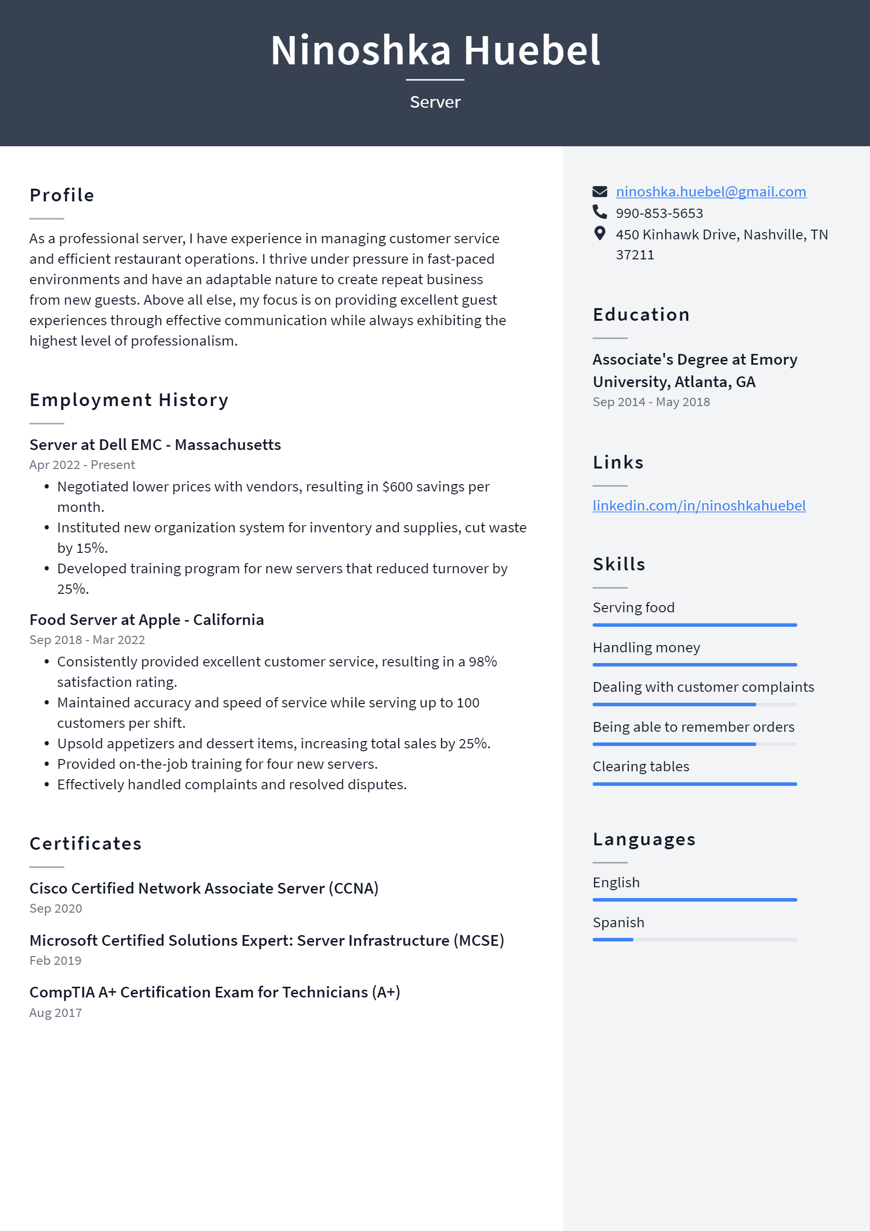 Server Resume Example and Writing Guide - ResumeLawyer