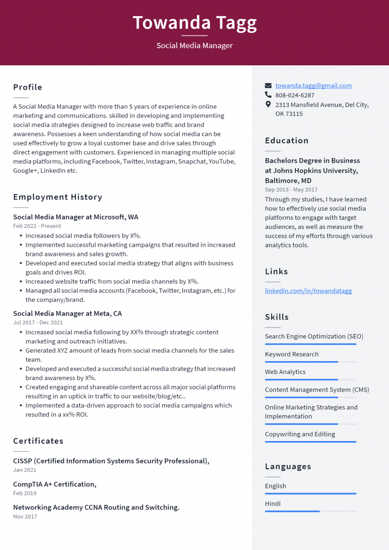 Social Media Manager Resume Example and Writing Guide