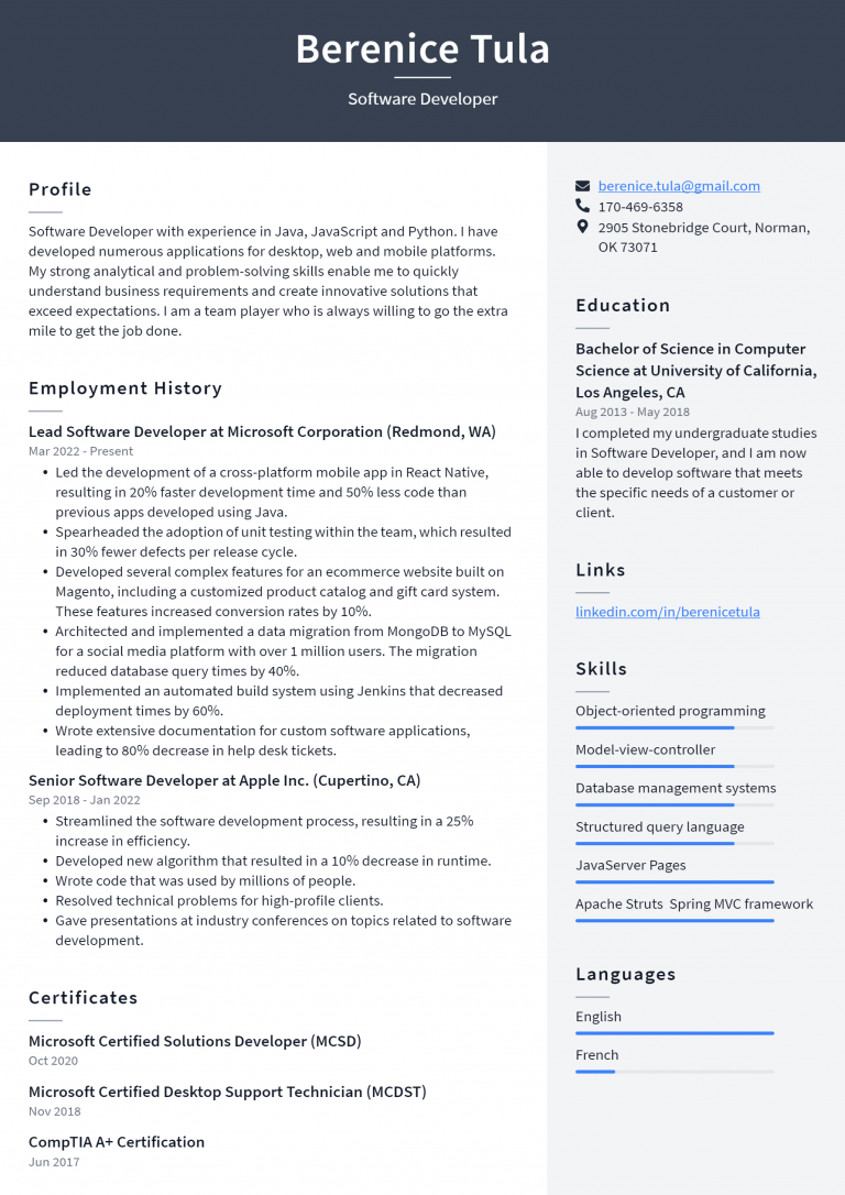 Software Developer Resume Example and Writing Guide - ResumeLawyer