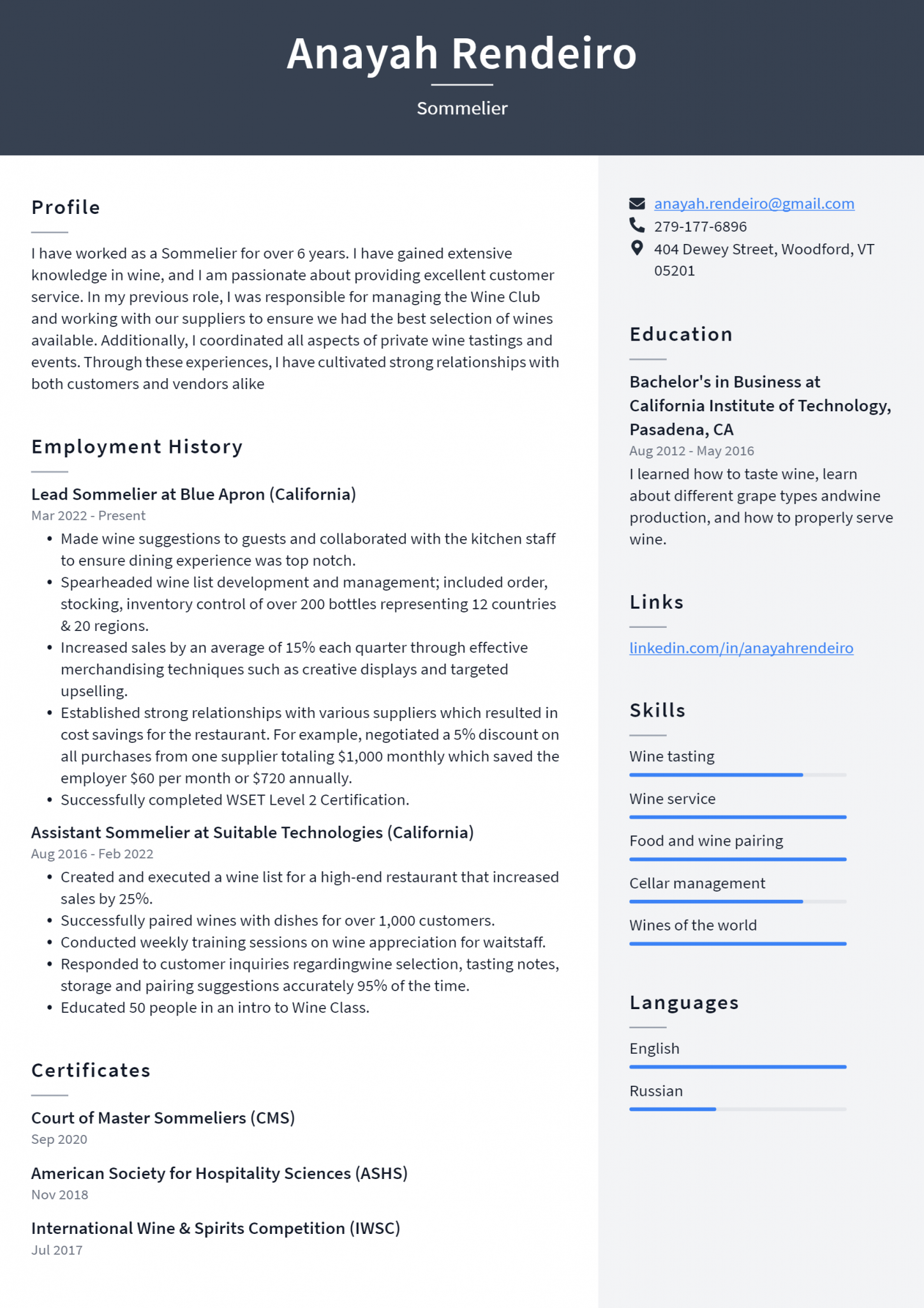Sommelier Resume Example and Writing Guide - ResumeLawyer