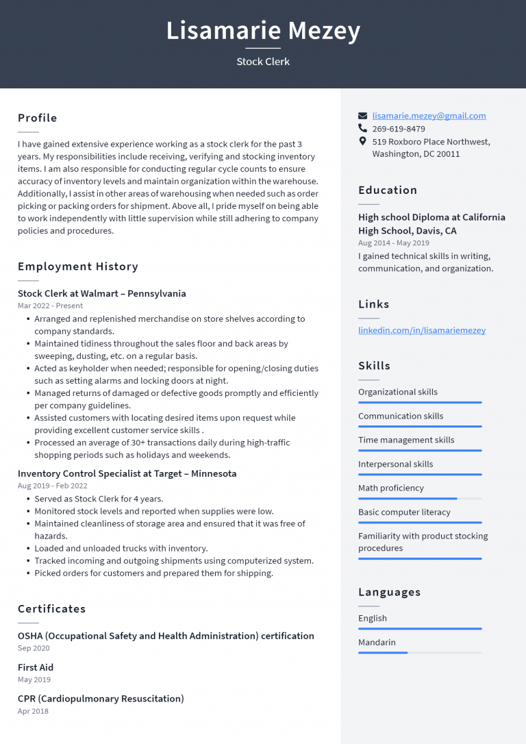 Stock Clerk Resume Example and Writing Guide - ResumeLawyer