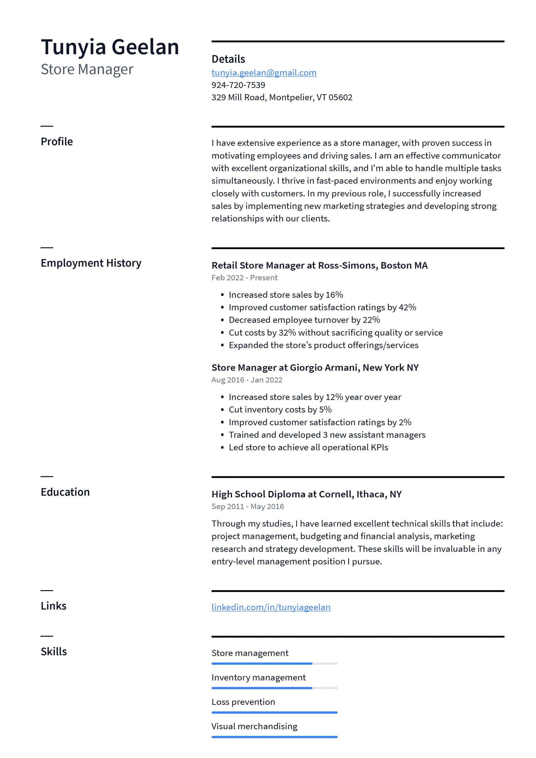 Store Manager Resume Example and Writing Guide - ResumeLawyer