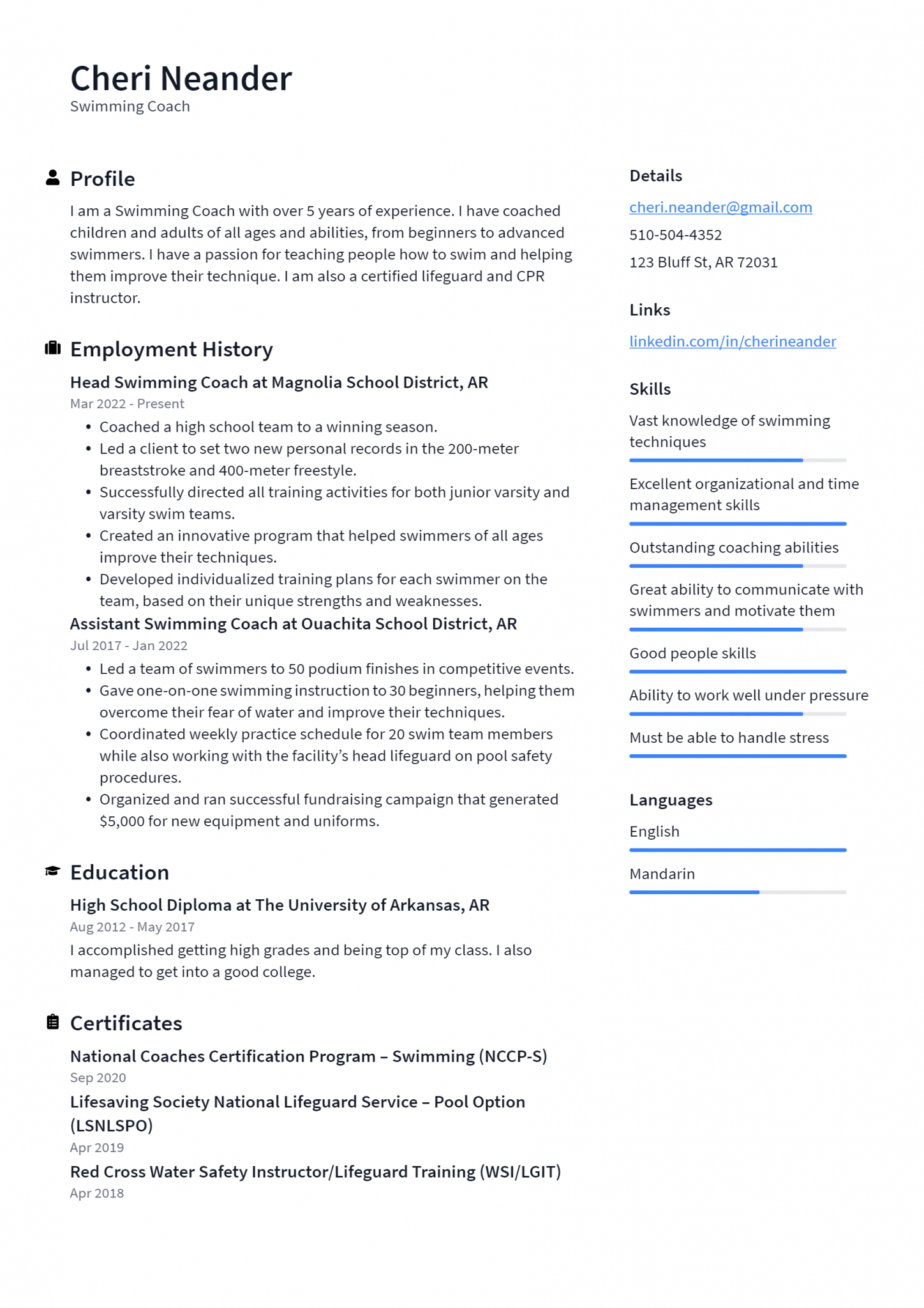 Swimming Coach Resume Example and Writing Guide - ResumeLawyer