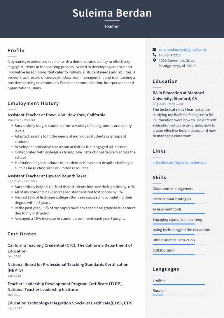 Teacher Resume Example and Writing Guide - ResumeLawyer