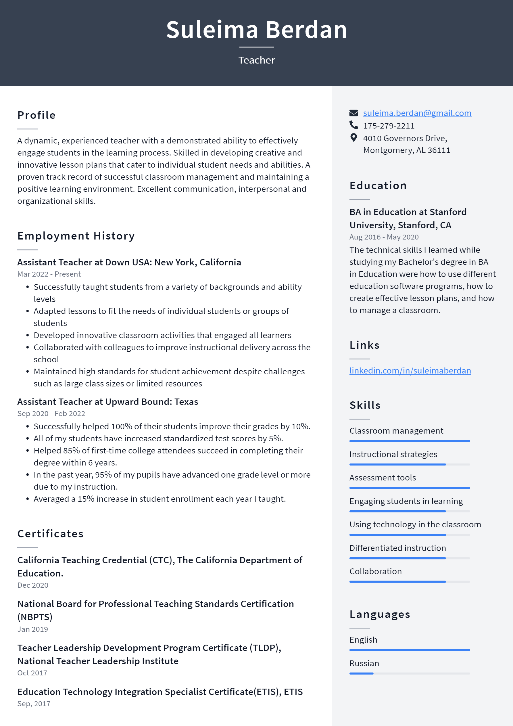 Teacher Resume Example and Writing Guide - ResumeLawyer