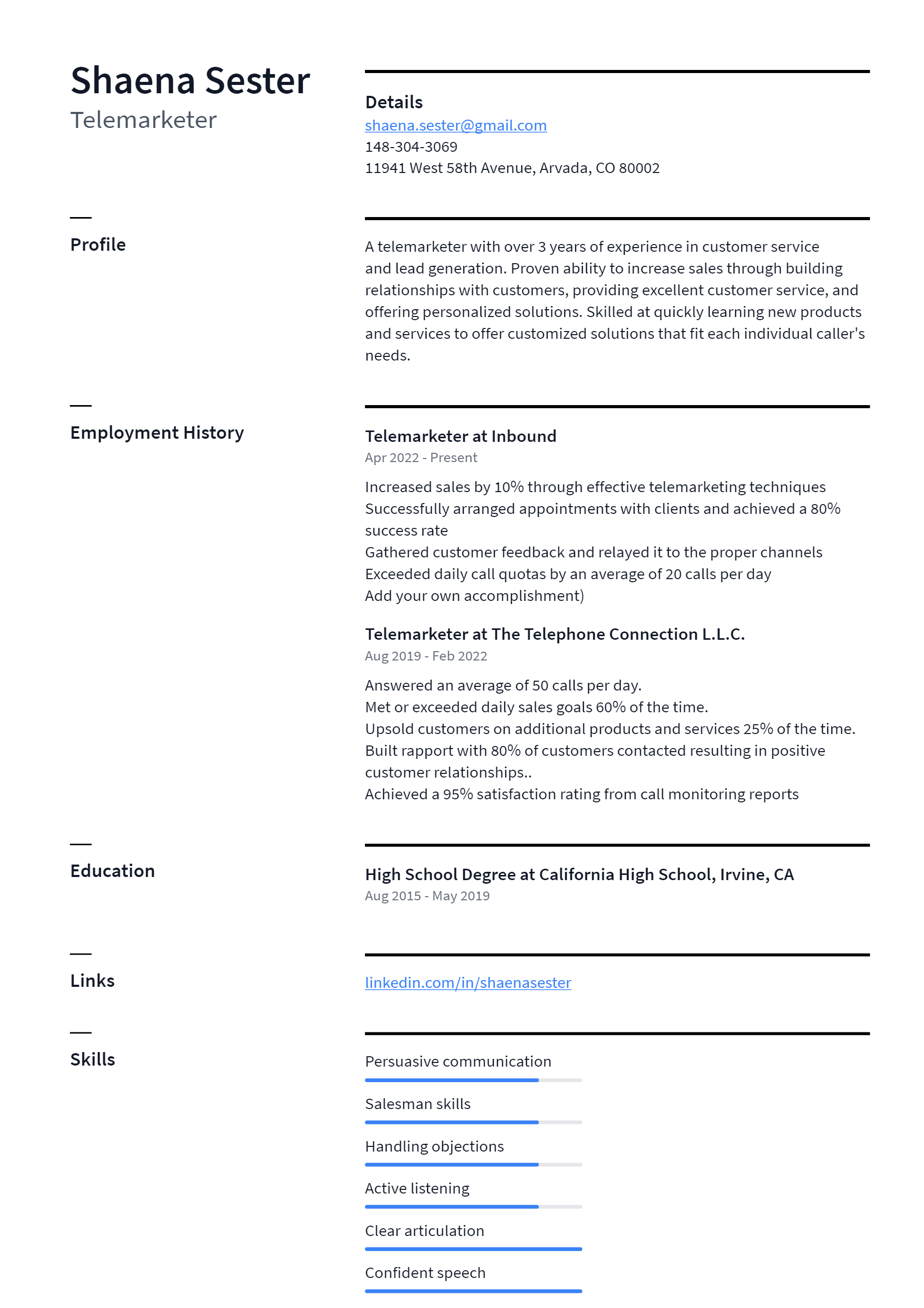 Telemarketer Resume Example and Writing Guide - ResumeLawyer