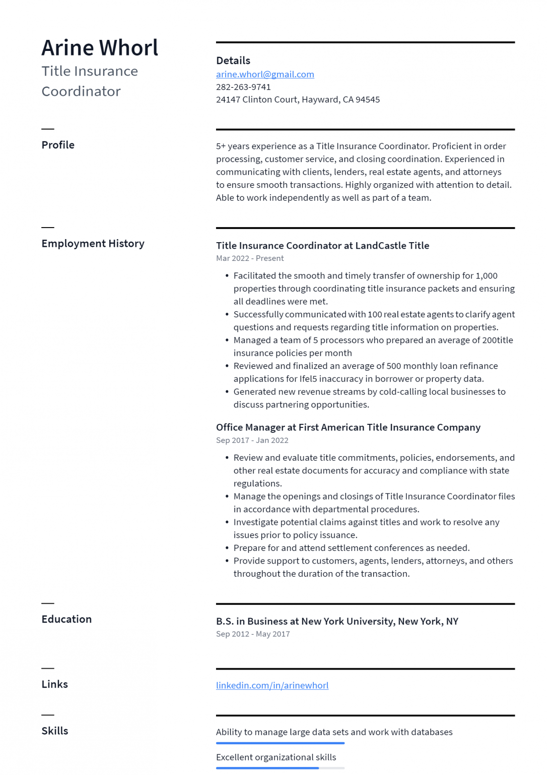 Title Insurance Coordinator Resume Example and Writing Guide - ResumeLawyer