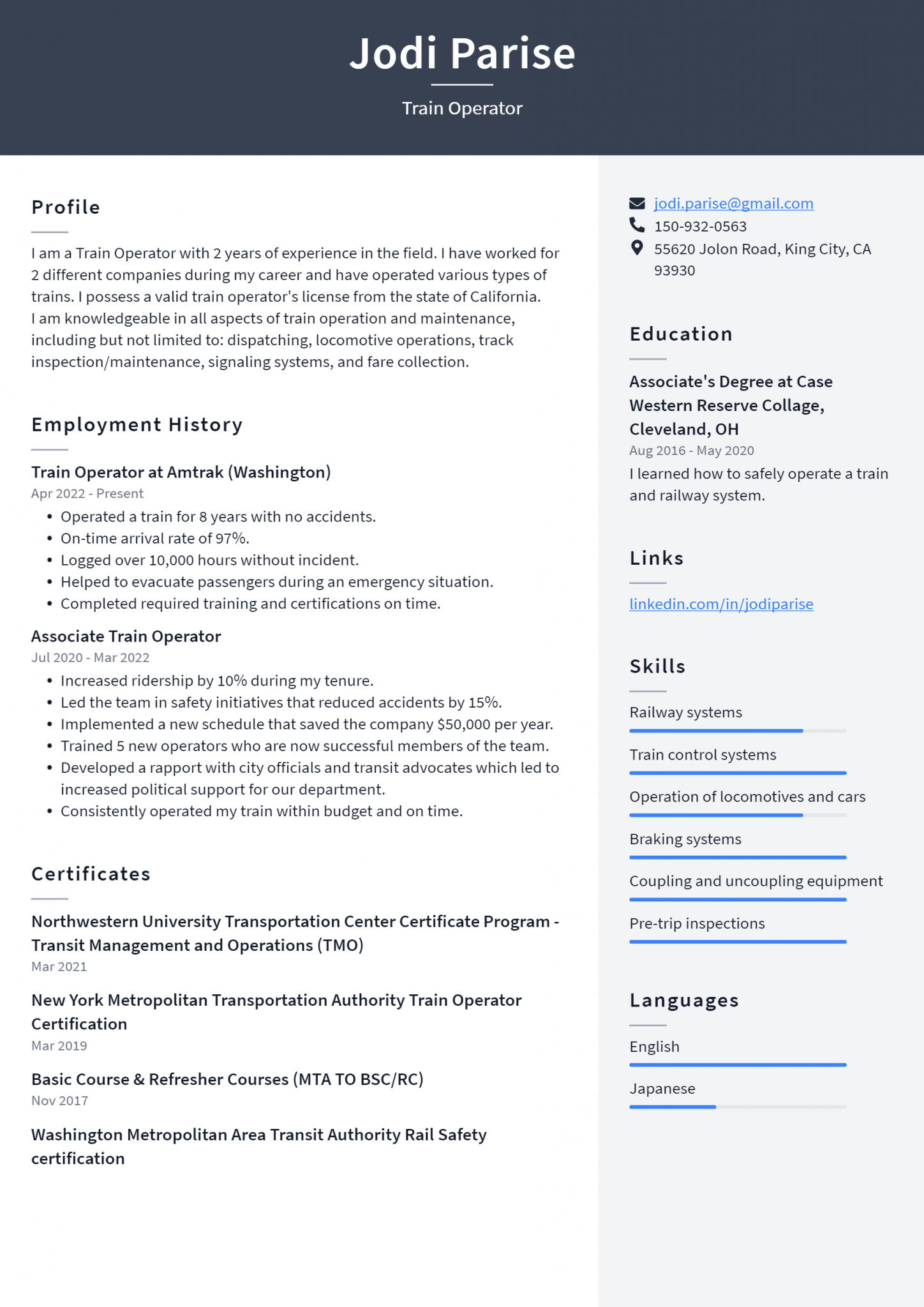 Train Operator Resume Example and Writing Guide - ResumeLawyer
