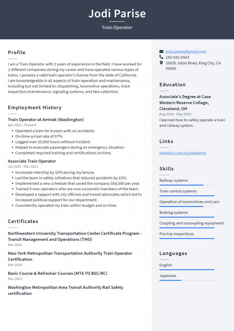 Train Operator Resume Example and Writing Guide - ResumeLawyer