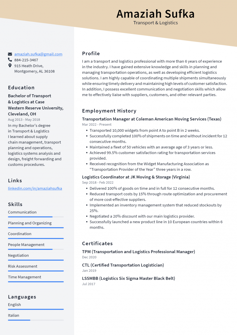 Transport & Logistics Resume Example and Writing Guide - ResumeLawyer