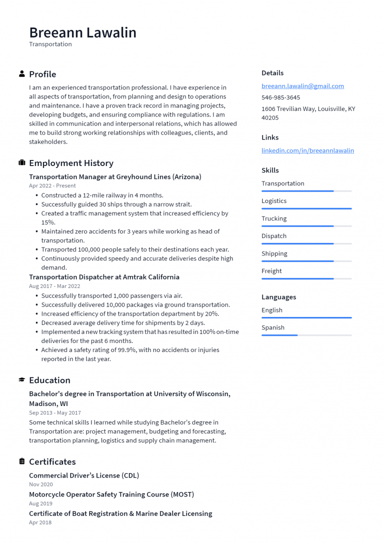 Transportation Resume Example and Writing Guide - ResumeLawyer