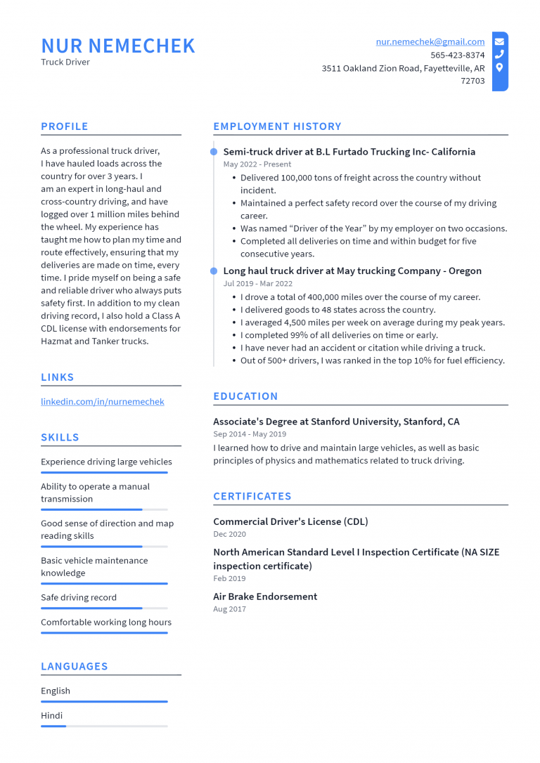 Truck Driver Resume Example and Writing Guide - ResumeLawyer
