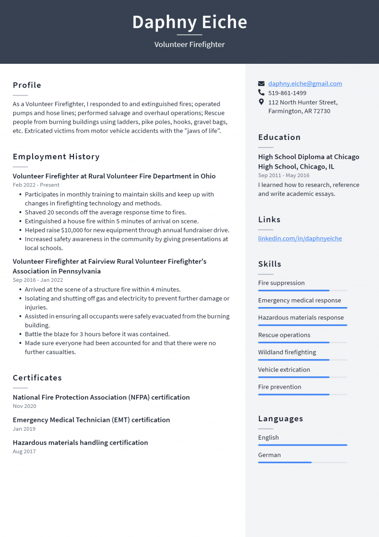 Volunteer Firefighter Resume Example and Writing Guide - ResumeLawyer