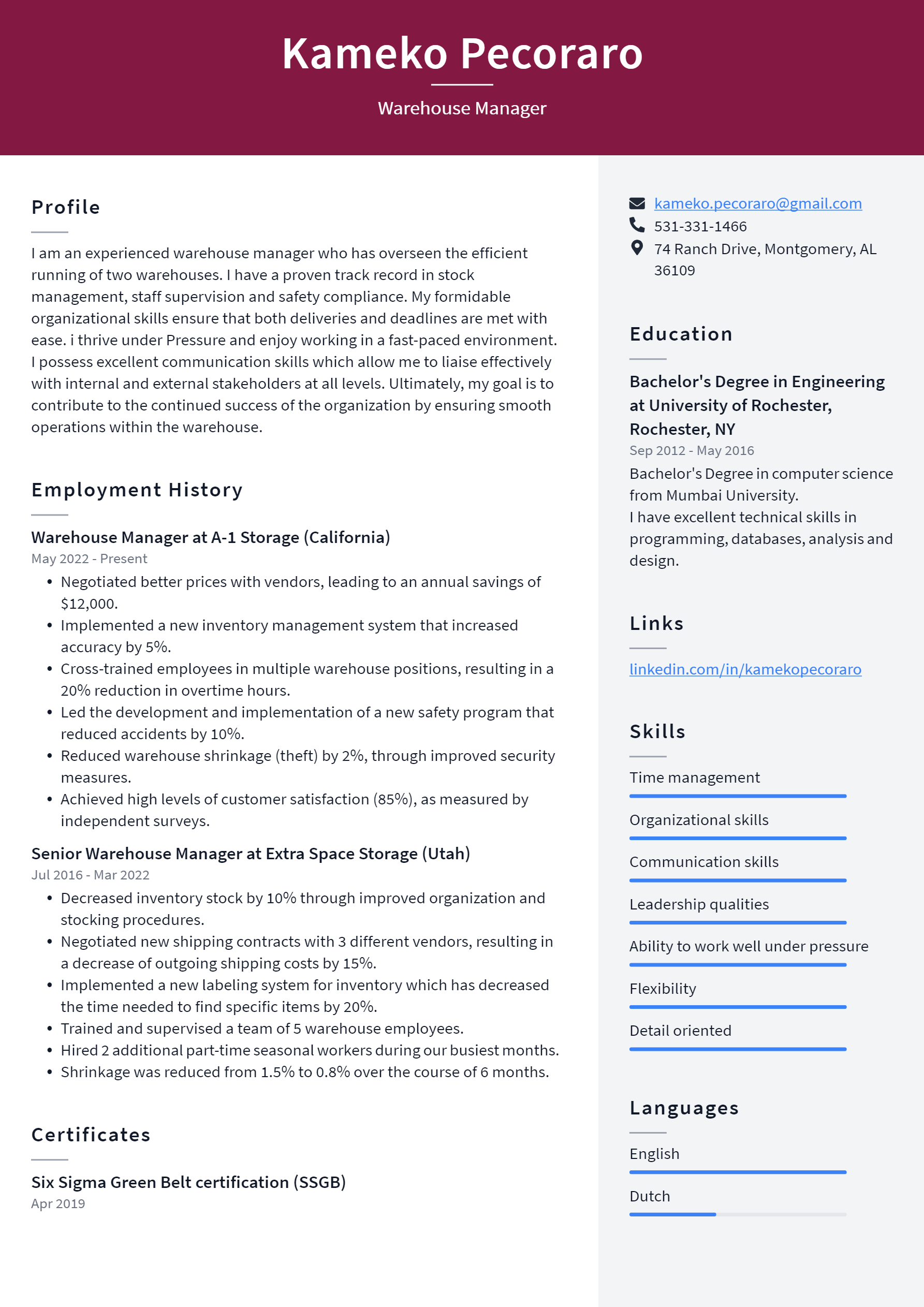 Warehouse Manager Resume Example and Writing Guide - ResumeLawyer