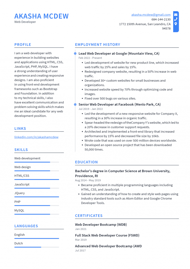 Web Developer Resume Example and Writing Guide - ResumeLawyer